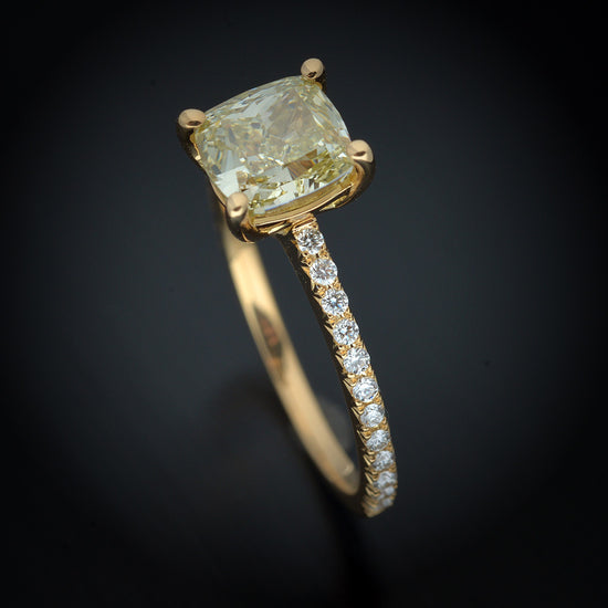 18kt. YG Engagement Ring with Natural Fancy Yellow Cushion Diamond ...